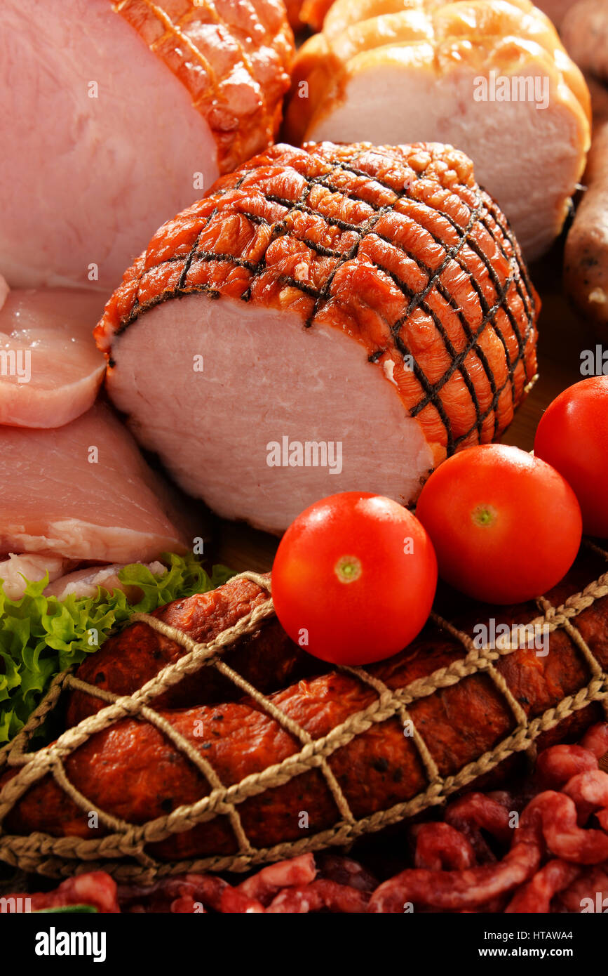 Assorted meat products including ham and sausages Stock Photo - Alamy