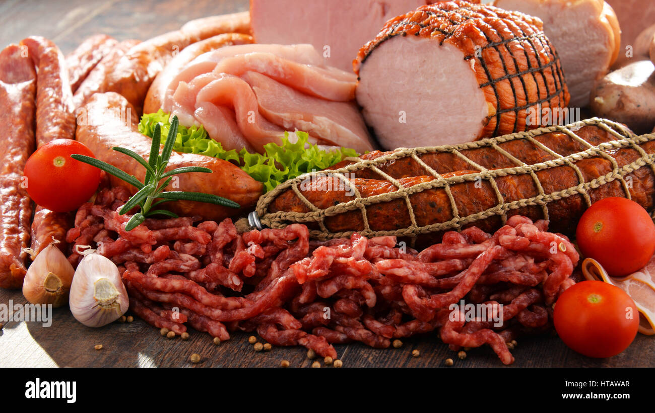 Assorted meat products including ham and sausages Stock Photo - Alamy