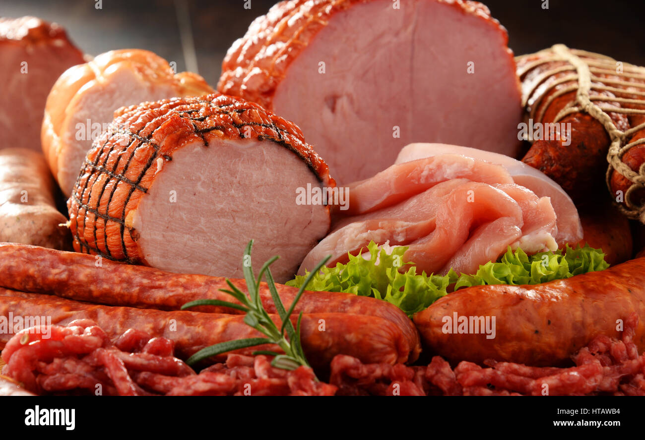 Assorted meat products including ham and sausages Stock Photo - Alamy