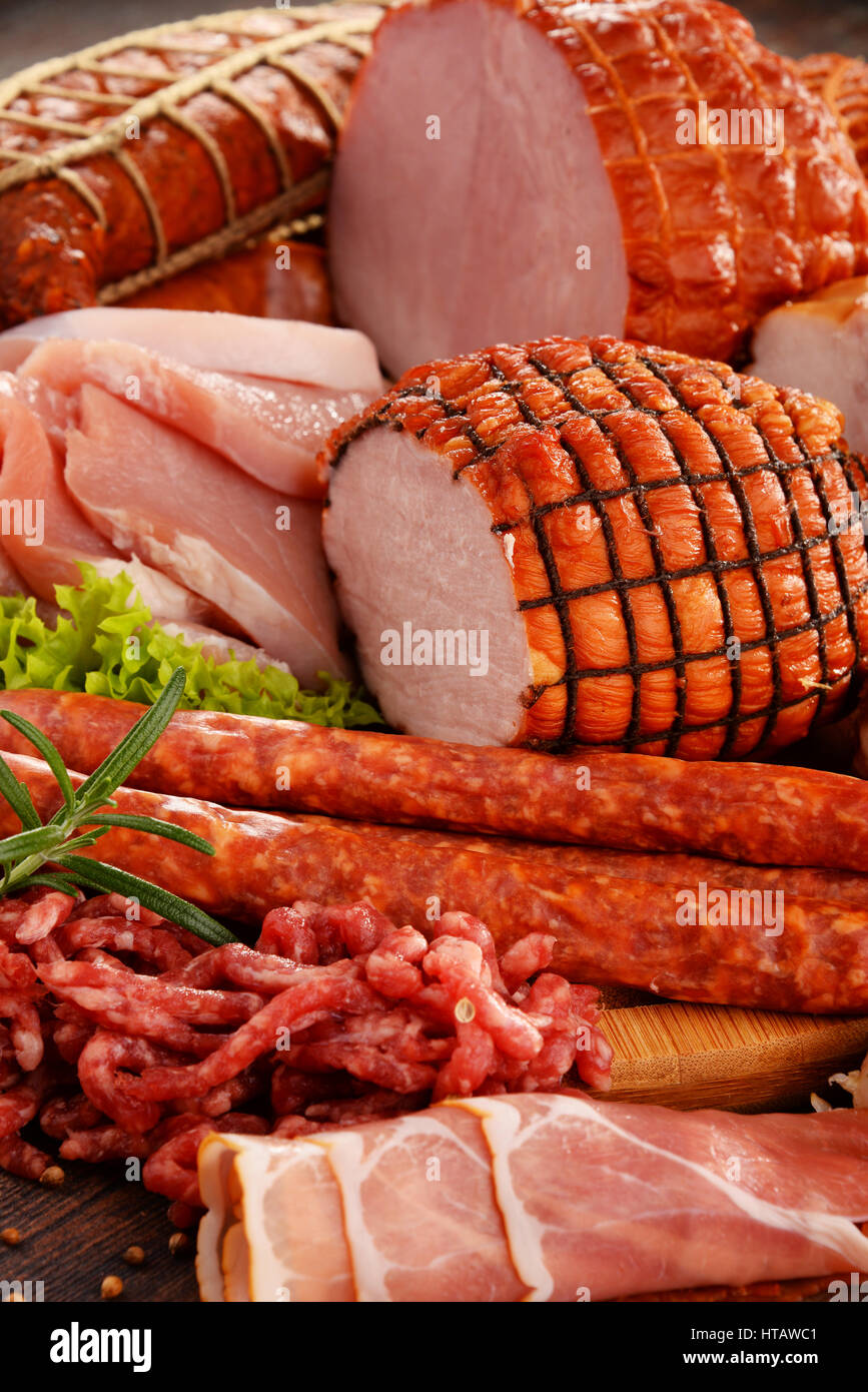 Assorted meat products including ham and sausages Stock Photo - Alamy