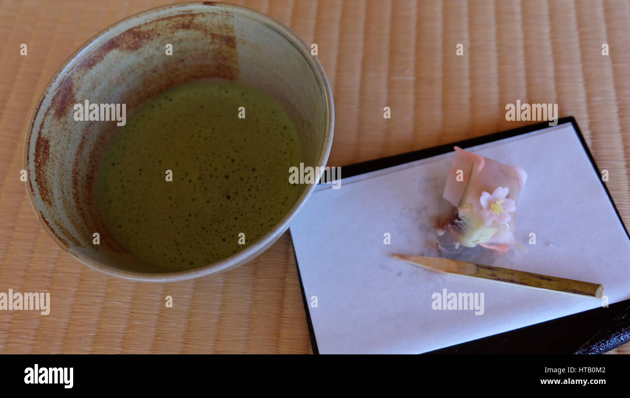Traditional Japanese sweet wagashi and green tea macha in tea ceremony ...