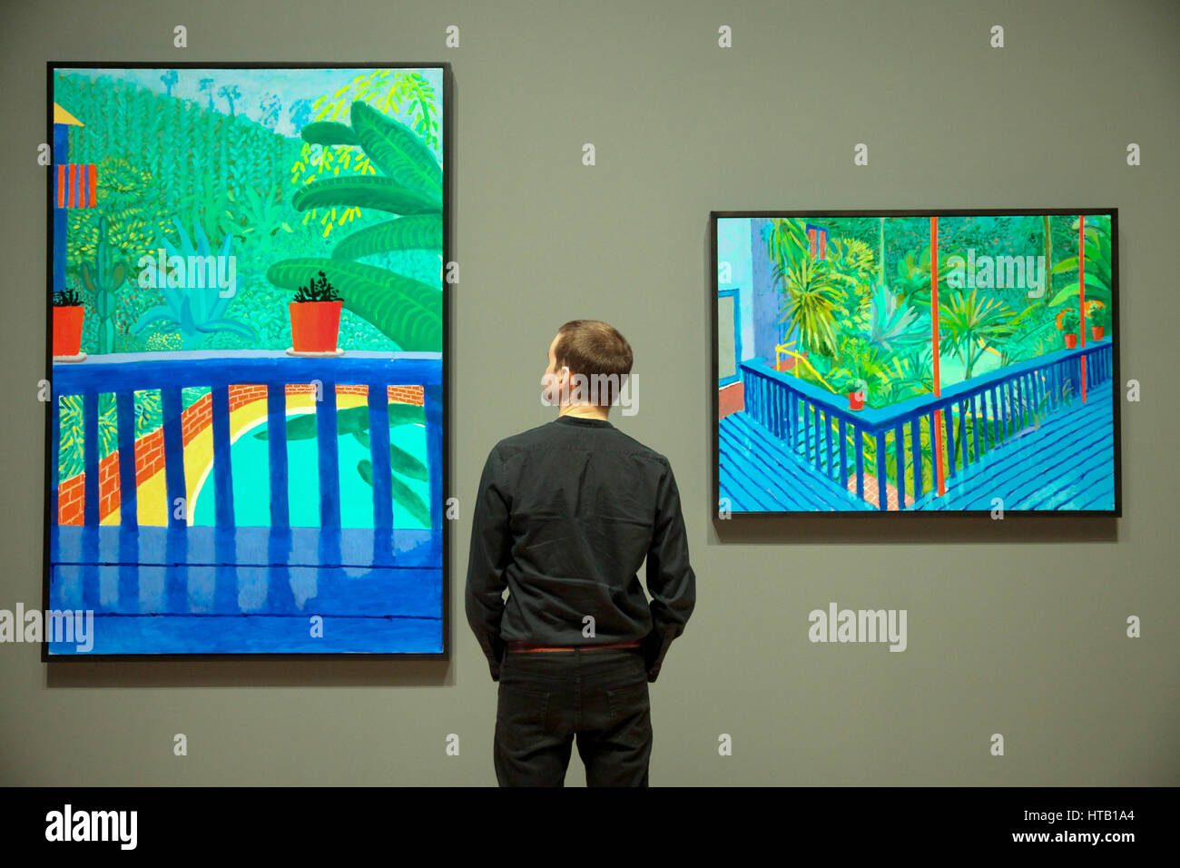General view of the David Hockney retrospective at Tate Britain, London ...