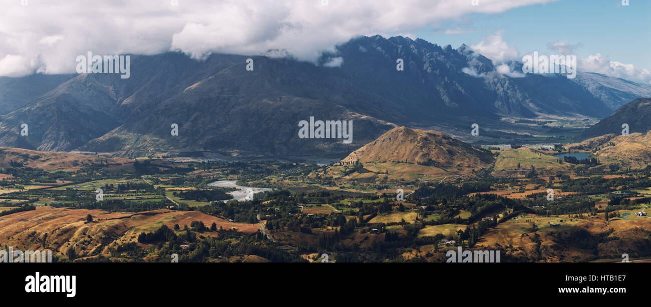 Panorama view of Remarkables and the valley in Queenstown from Coronet ...