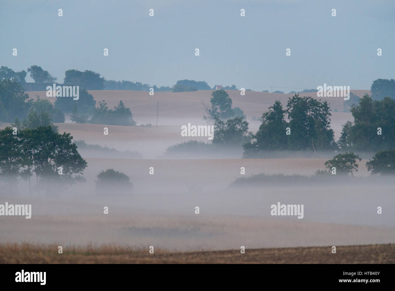 Early morning mist over an open landscape in Scania, Sweden Stock Photo ...