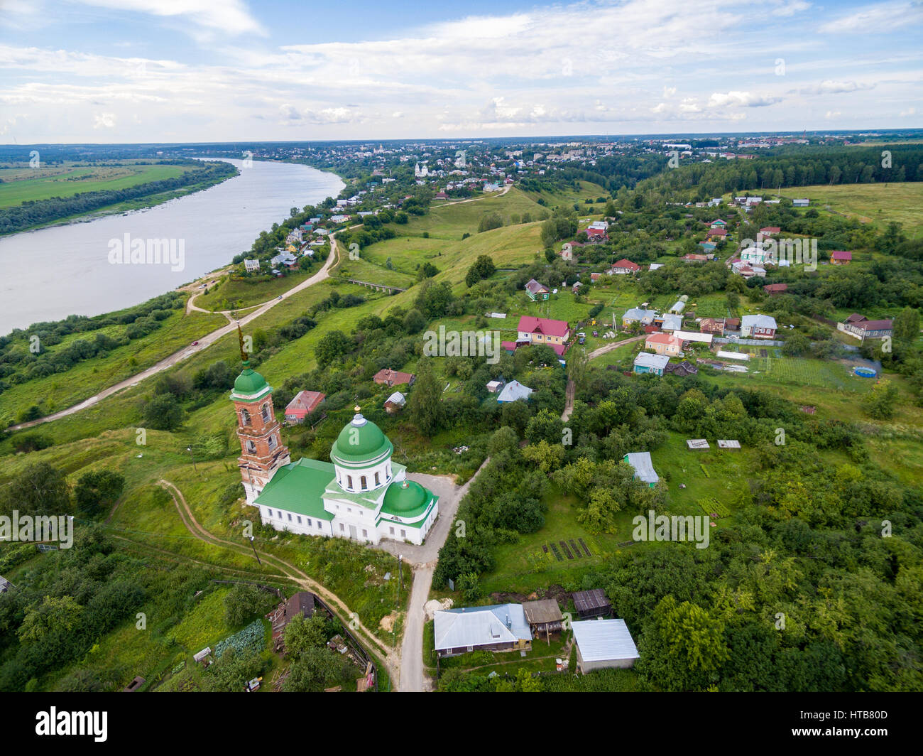 Small russian town aerial landscape with church Stock Photo - Alamy