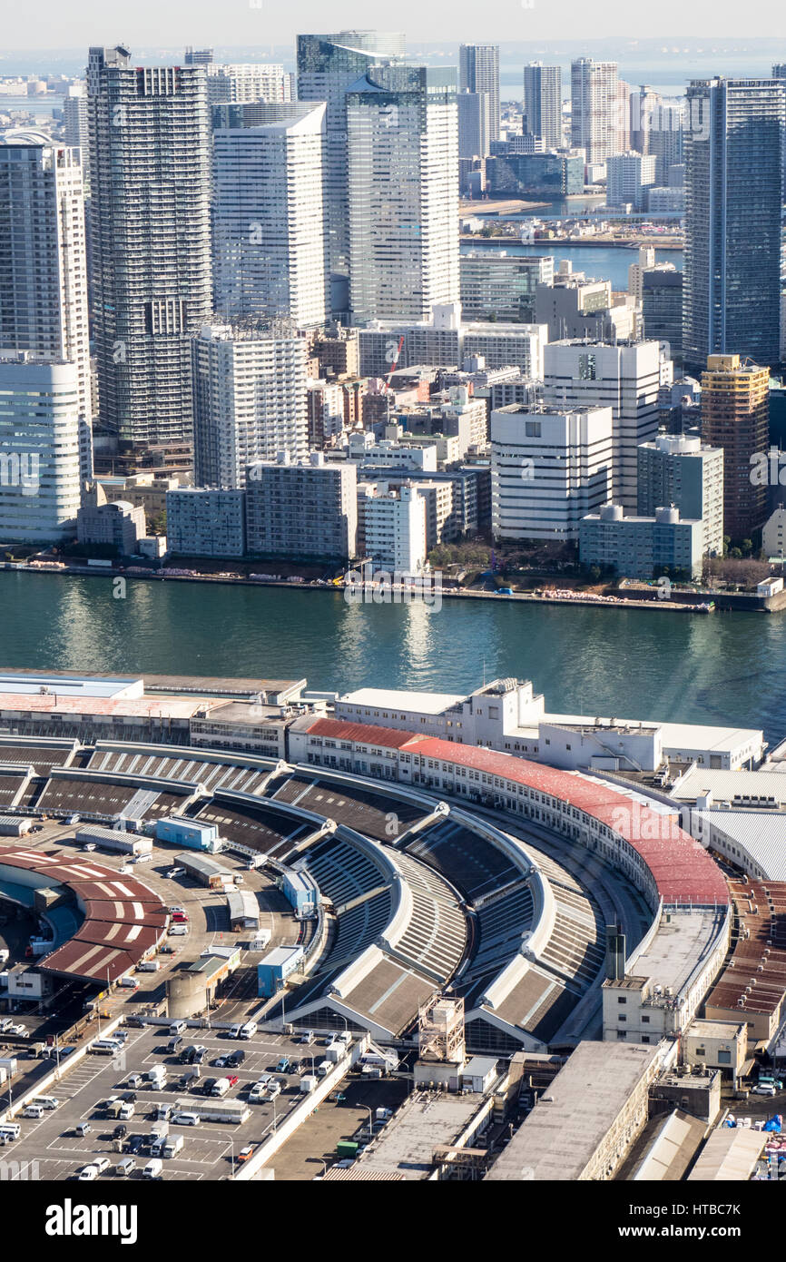 Overhead view of Tsukiji fish market from Shiodome, Minato, Tokyo Stock ...
