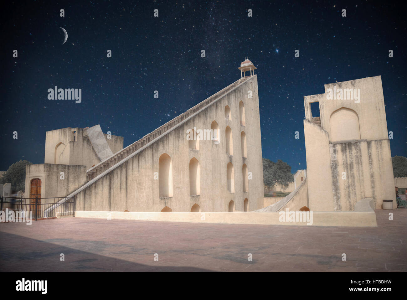 Jantar Mantar - the observatory, city of Jaipur. night shining moon and ...
