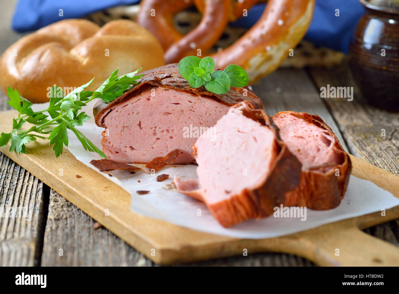 Traditional oven fresh Bavarian meat loaf with a brown crispy crust on ...