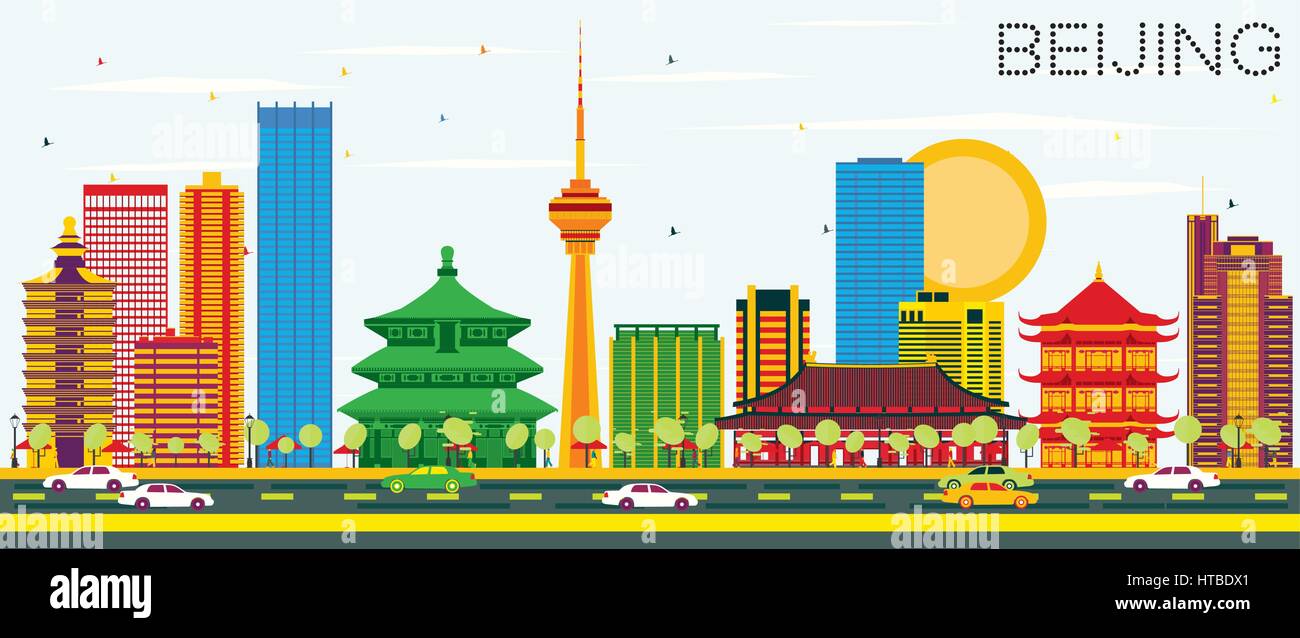 Beijing Skyline with Color Buildings and Blue Sky. Vector Illustration ...