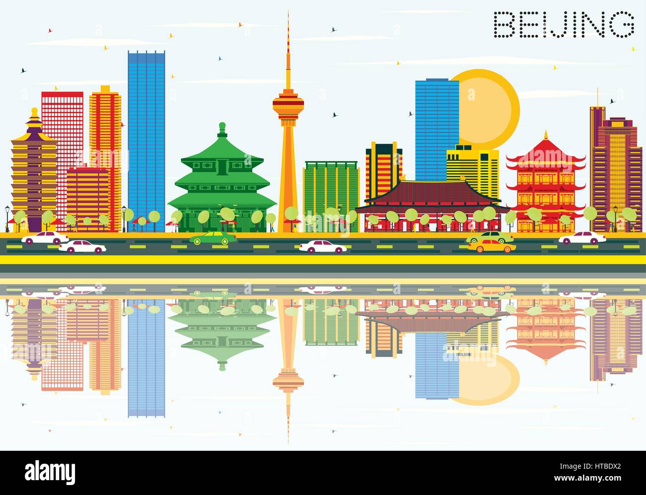 Beijing Skyline with Color Buildings, Blue Sky and Reflections. Vector ...