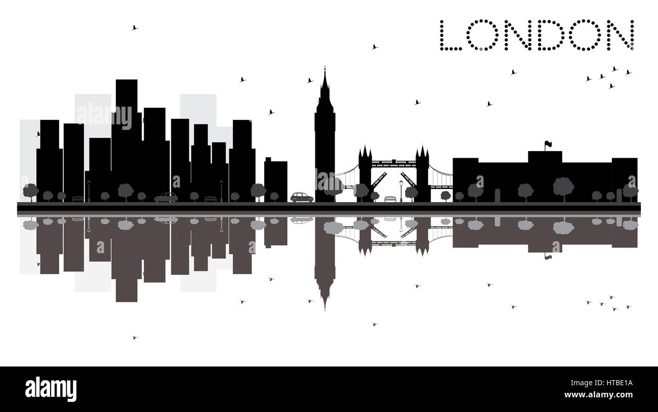 London City skyline black and white silhouette with Reflections. Vector ...