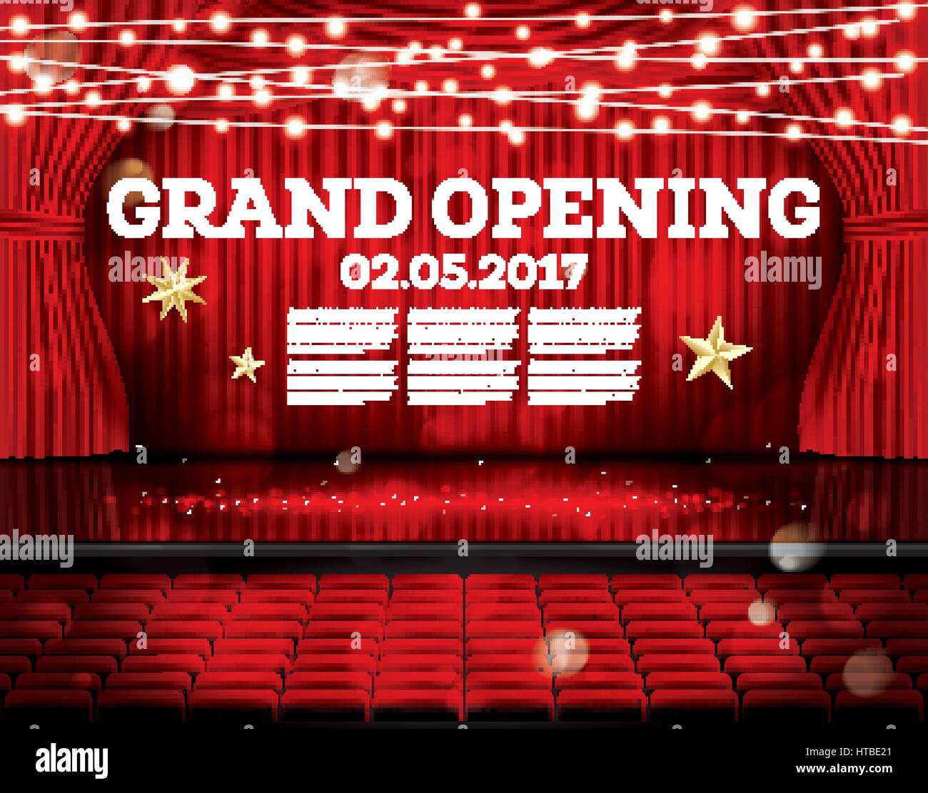 Grand Opening. Open Red Curtains with Neon Lights. Vector Illustration ...
