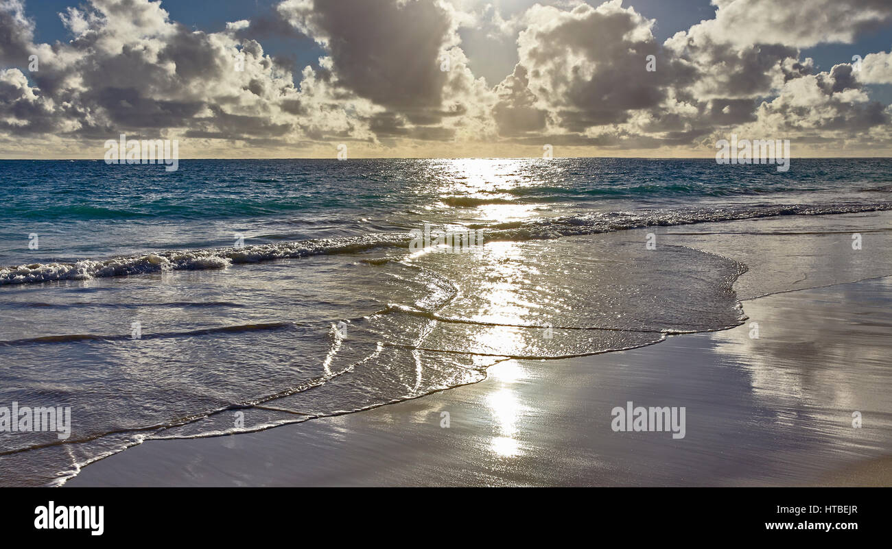 Sandy beach shore with sunrise reflections and surf Stock Photo - Alamy