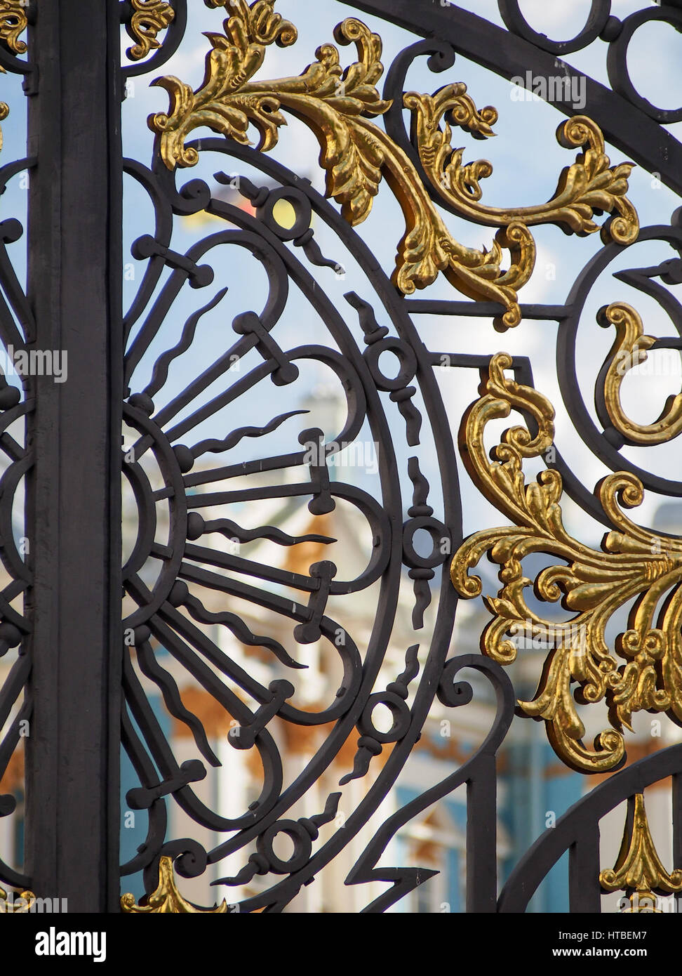 Detail of an ornate gilded gate outside Tsarskoe Selo Palace in Pushkin ...
