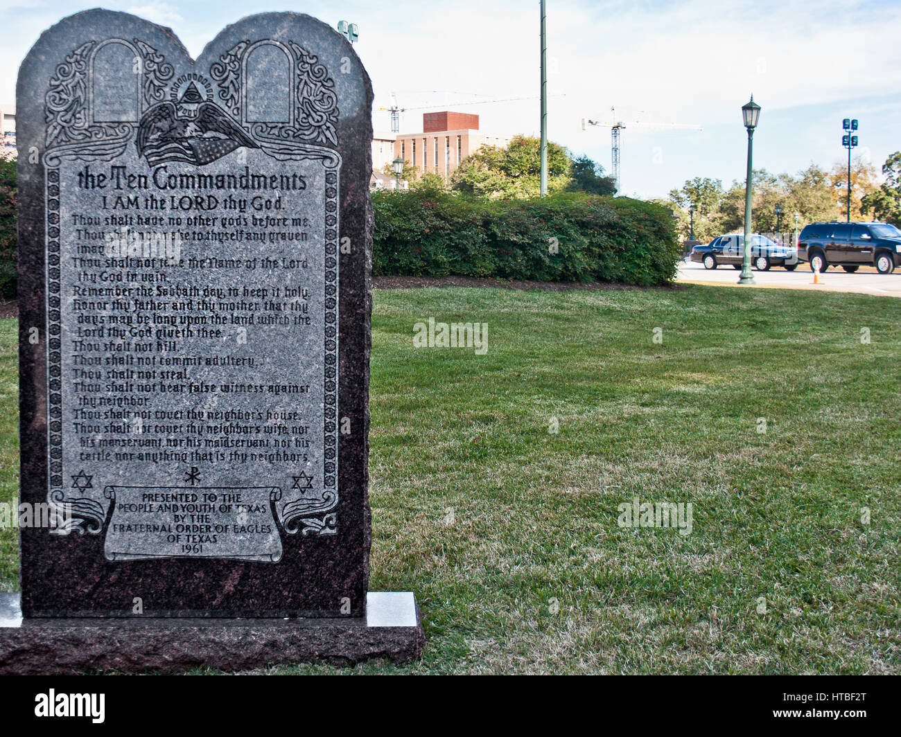 A monument with the ten commandments stands on the grounds of the Texas ...