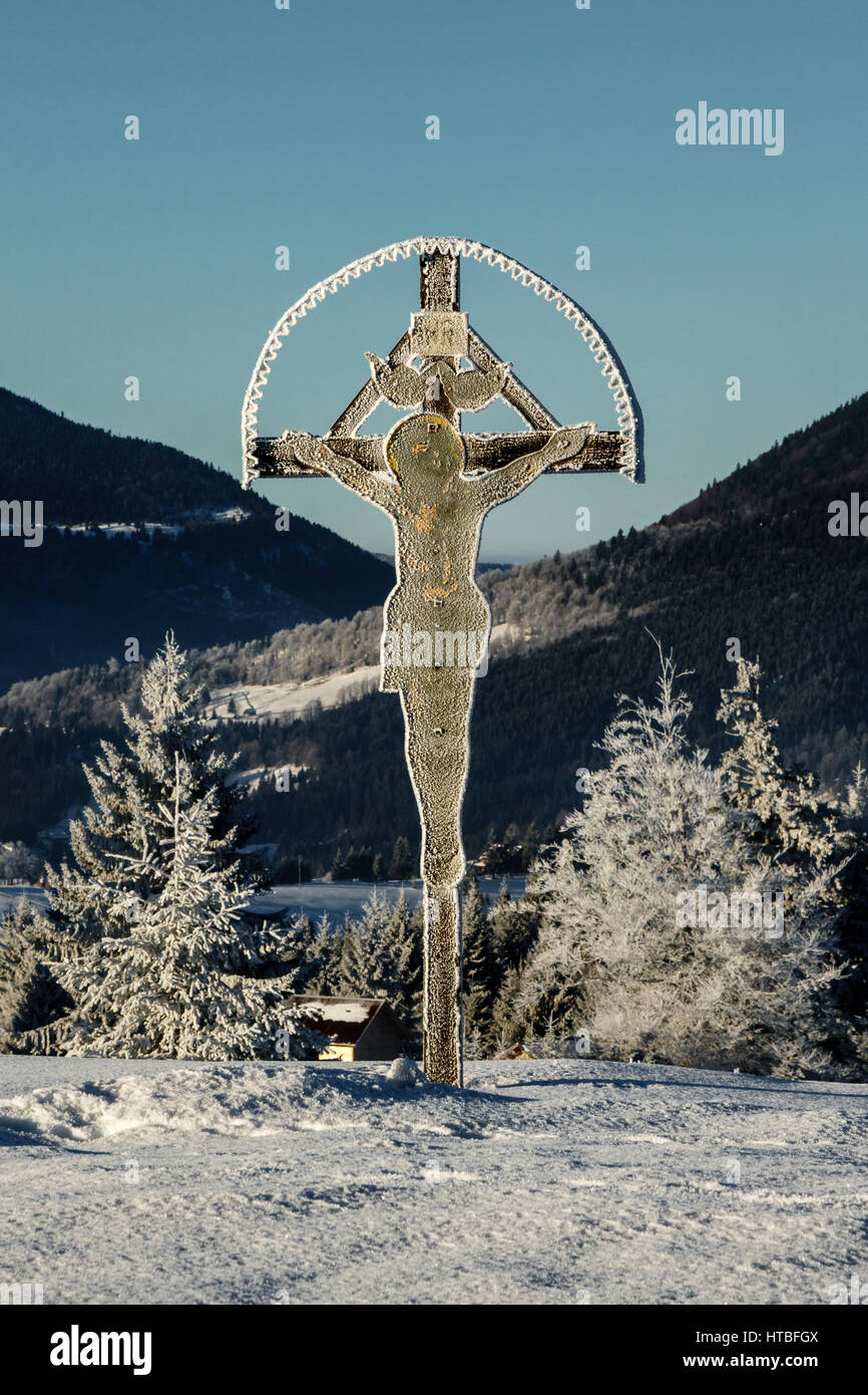 cold winter morning landscape with frozen crucifix Stock Photo - Alamy