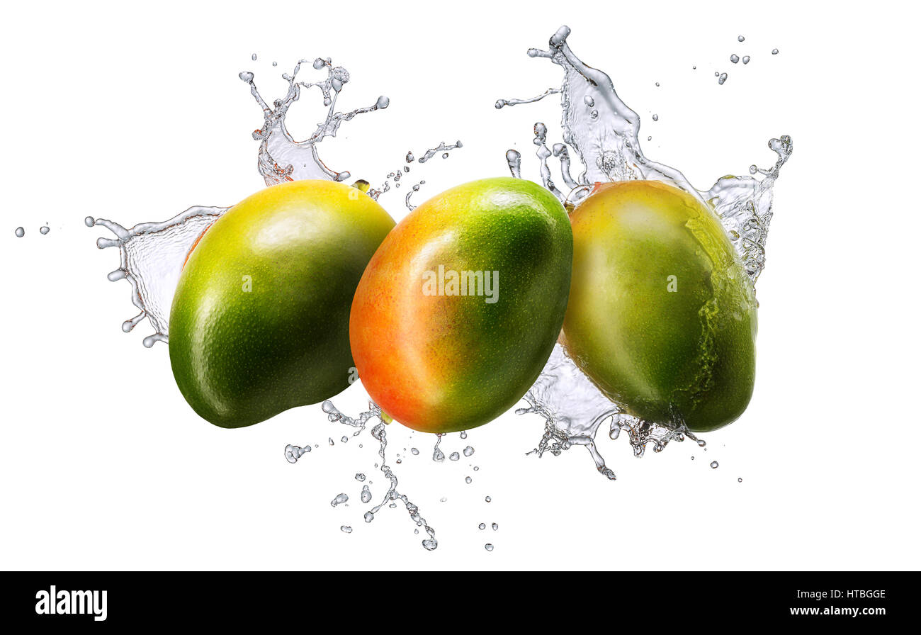Water splash and fruits isolated on white backgroud. Fresh mango Stock ...