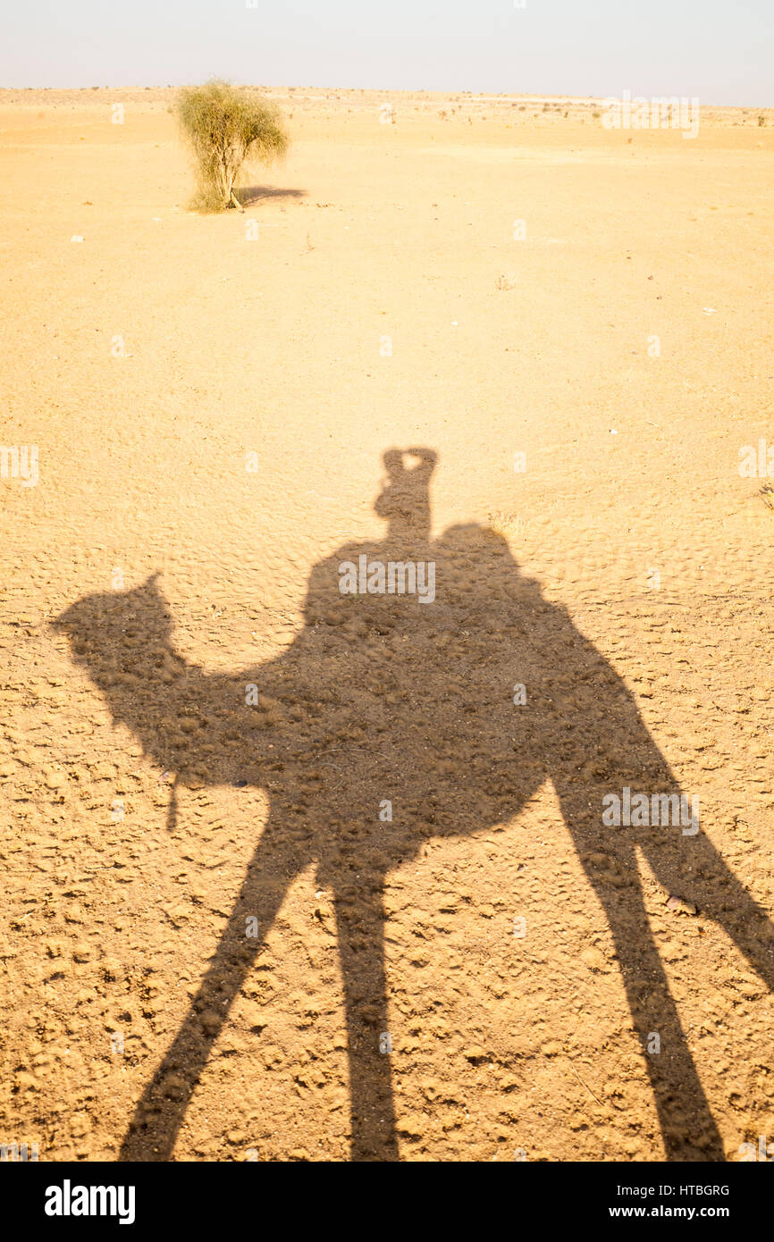 The shadow of a man riding a camel and taking a picture of his shadow ...