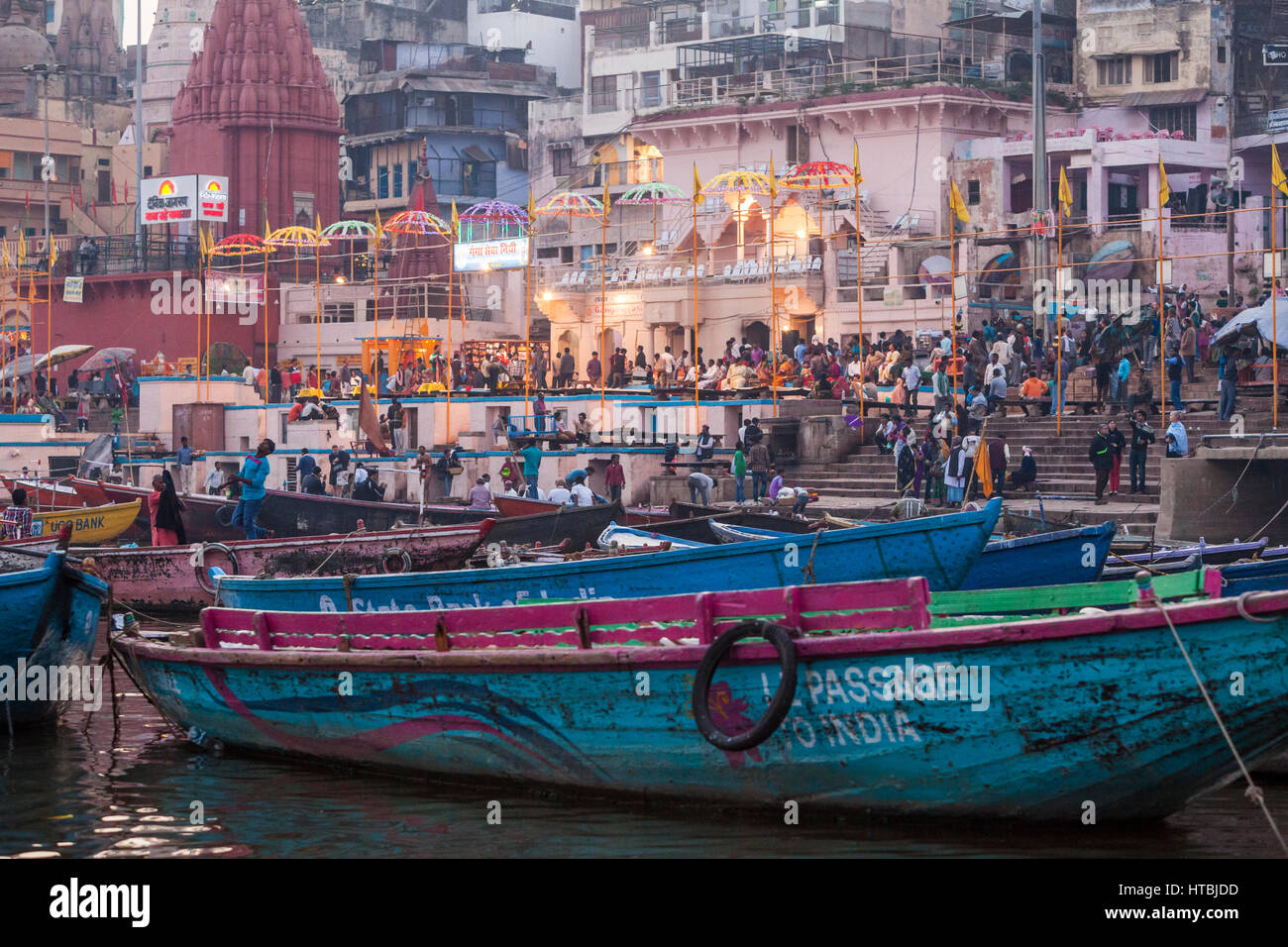 Early evening in Varanasi, India along the waterfront on the Ganges ...
