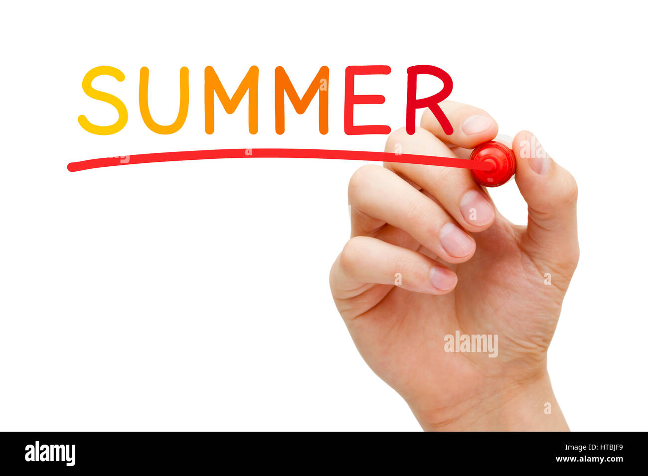 Hand writing Summer concept with different warm colored markers on ...