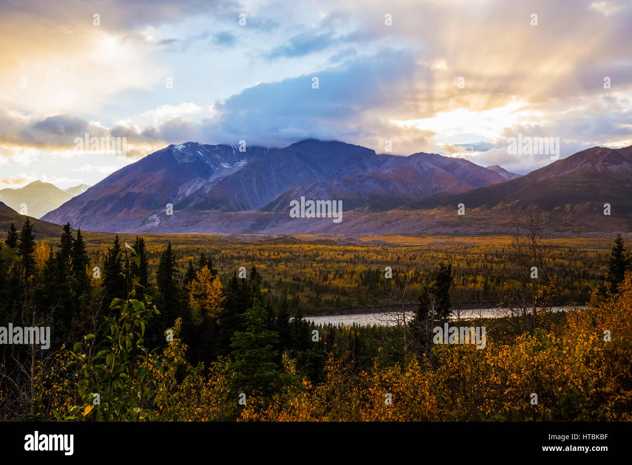Autumn sunset overlooking the area known as 'Black Rapids' in the ...