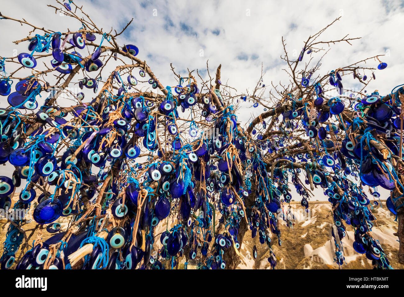 Nazars, charms used to ward off the evil eye, hanging on a tree in the ...