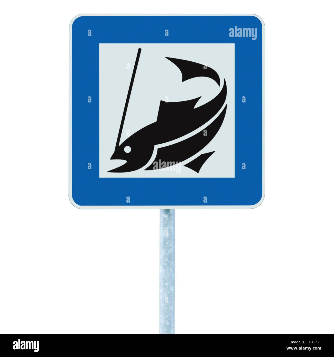 Fish angling camp road sign, isolated roadisde signpost pole post ...