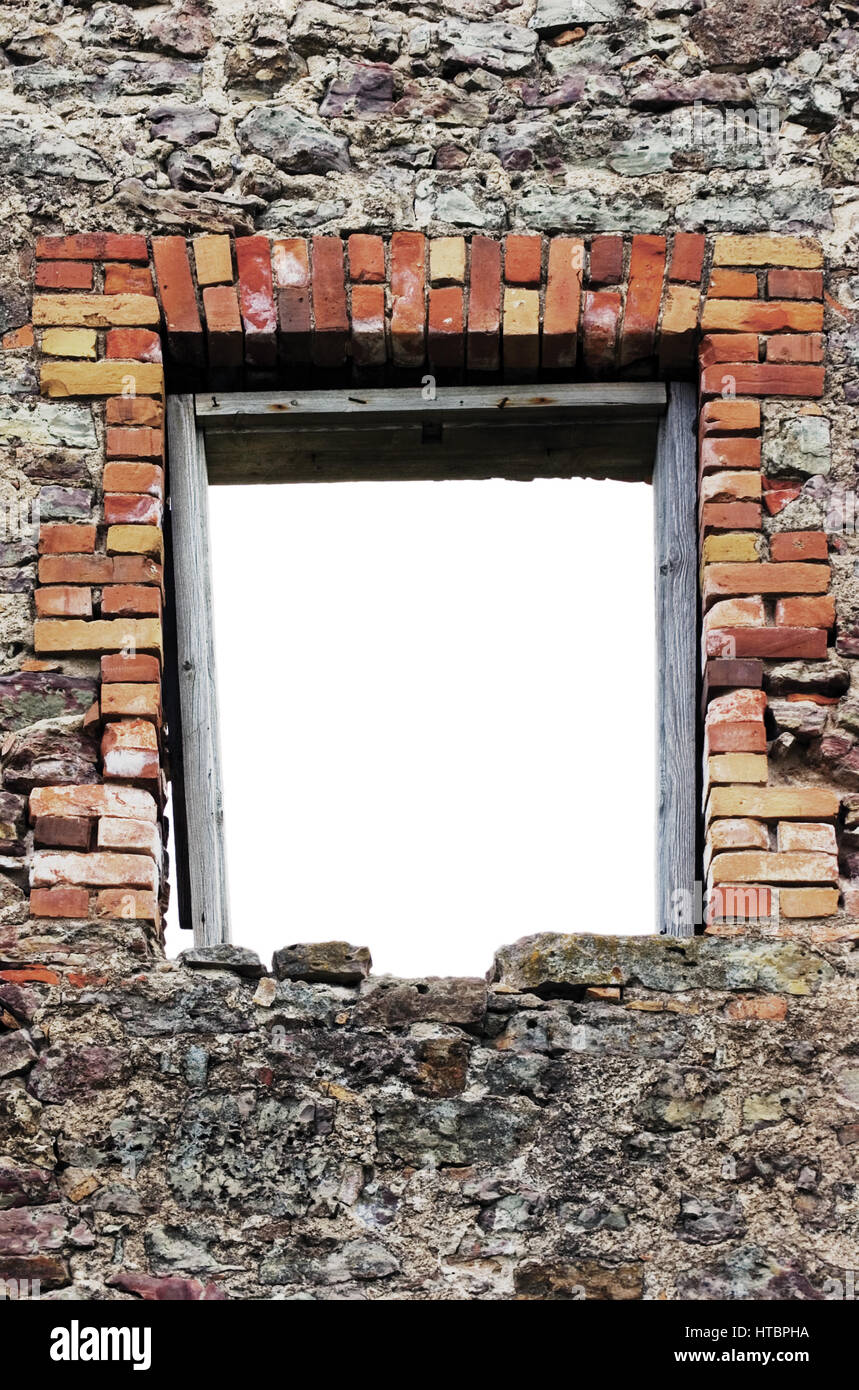 Ruined rustic limestone boulder rubble wall masonry stonework ruins and empty blank isolated red ...