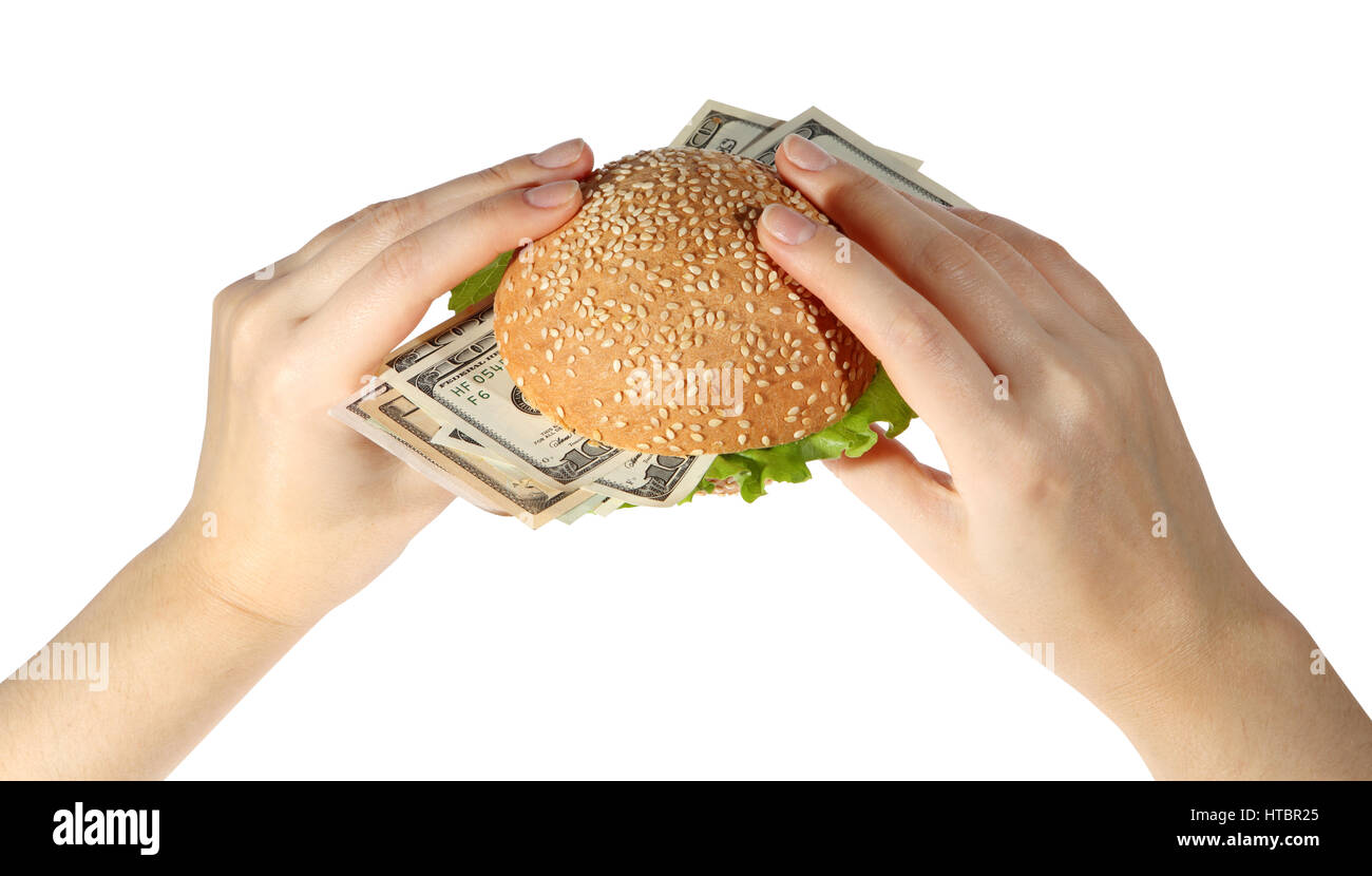 Hamburger with money in hand on white background Stock Photo - Alamy