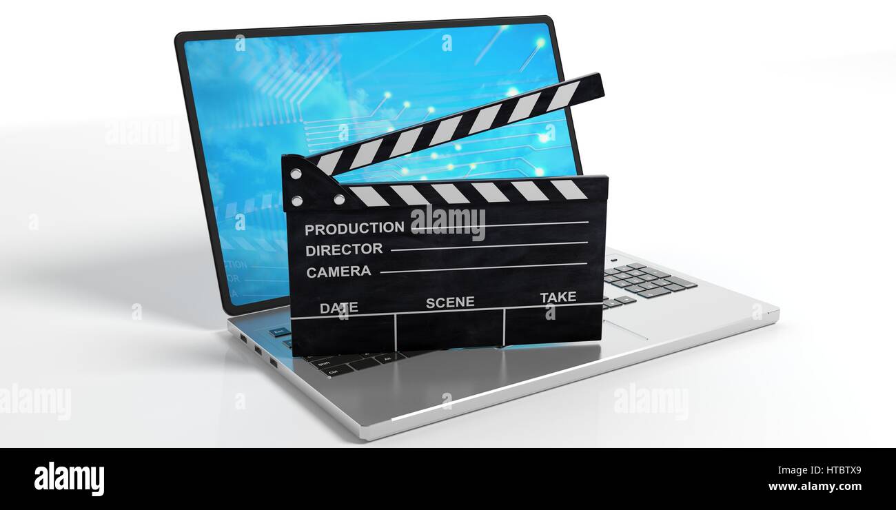 Movie clapper on a laptop isolated on white background. 3d illustration ...