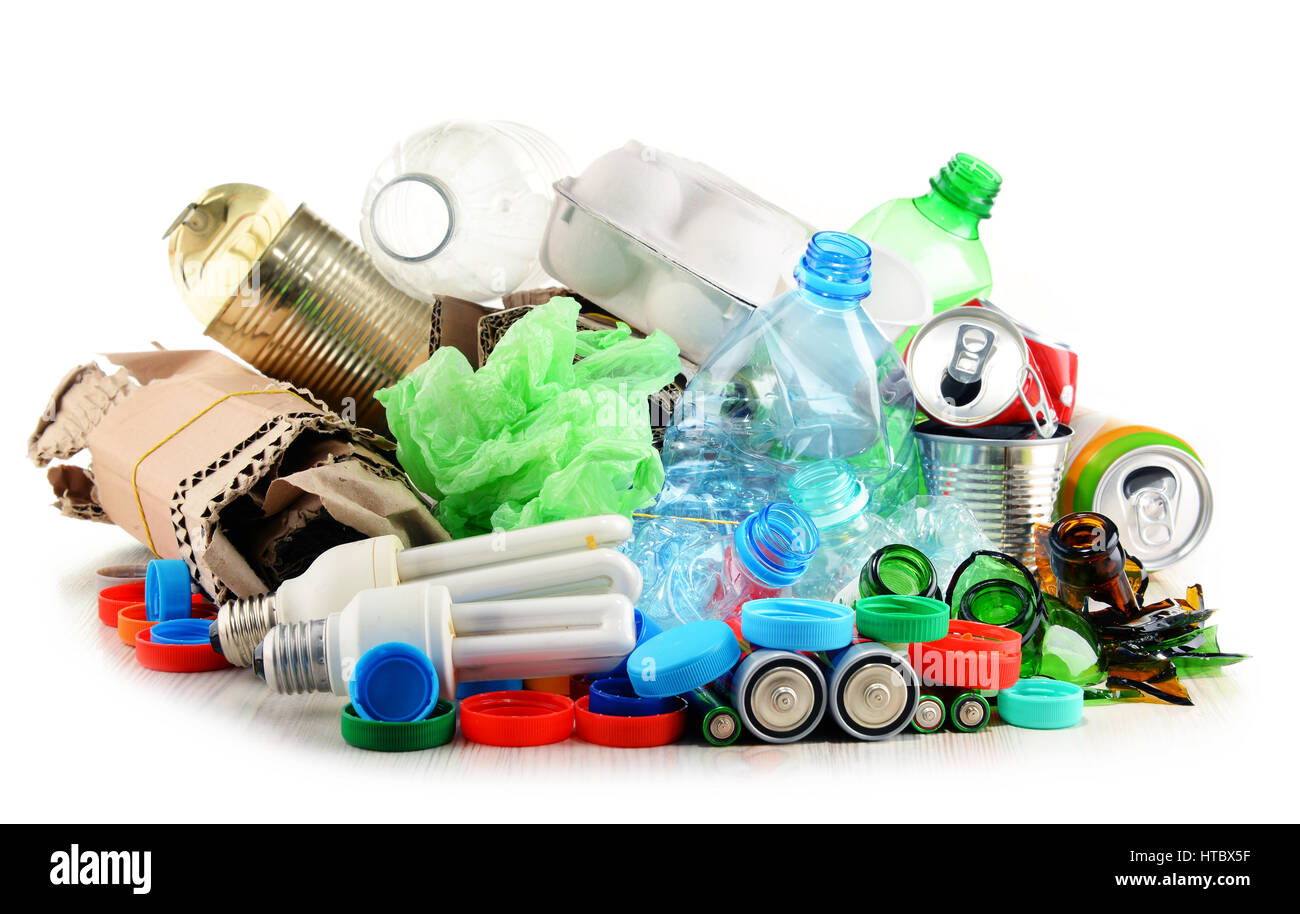 Recyclable garbage consisting of glass, plastic, metal and paper ...