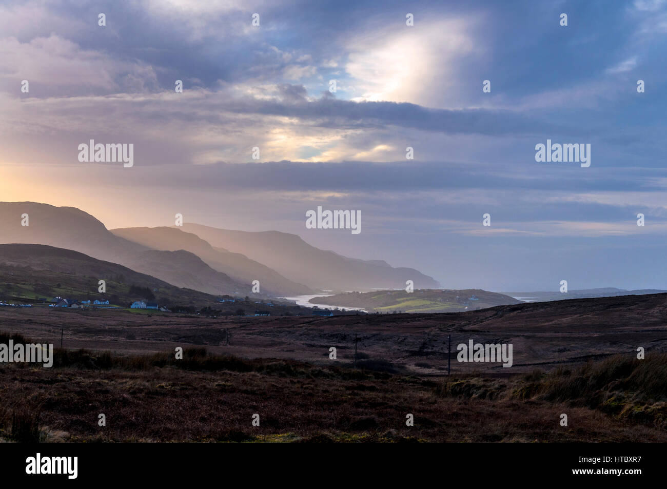 View from blanket bog above coastal village of Ardara, County Donegal ...