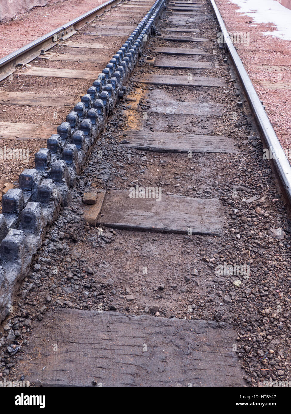 Cog rack and tracks, Cog Railway Depot, Manitou Springs, Colorado Stock ...