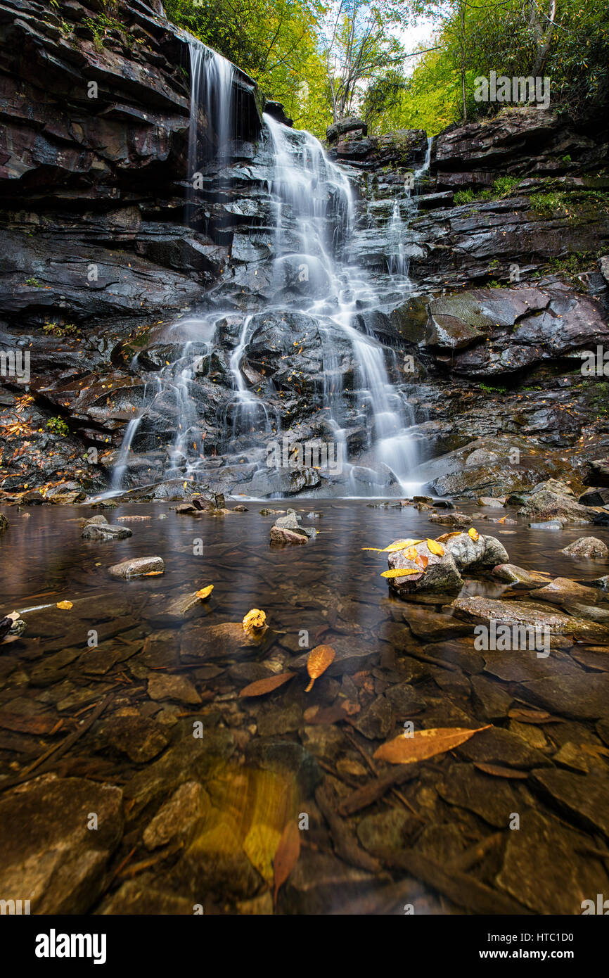 Waterfall into a pool with fall leaves floating Stock Photo - Alamy