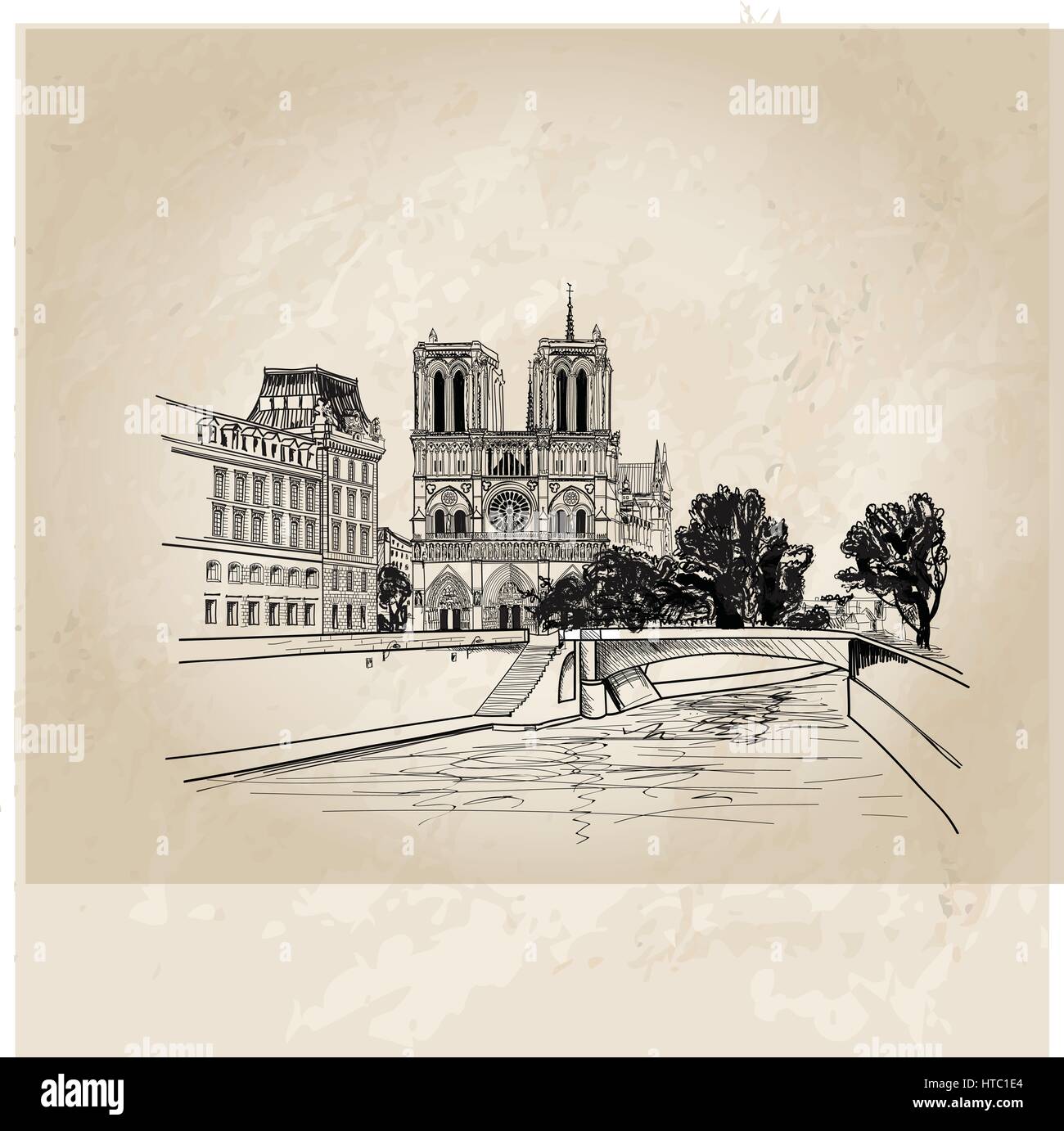 Notre Dame de Paris cathedral, France. Hand drawing vector illustration ...