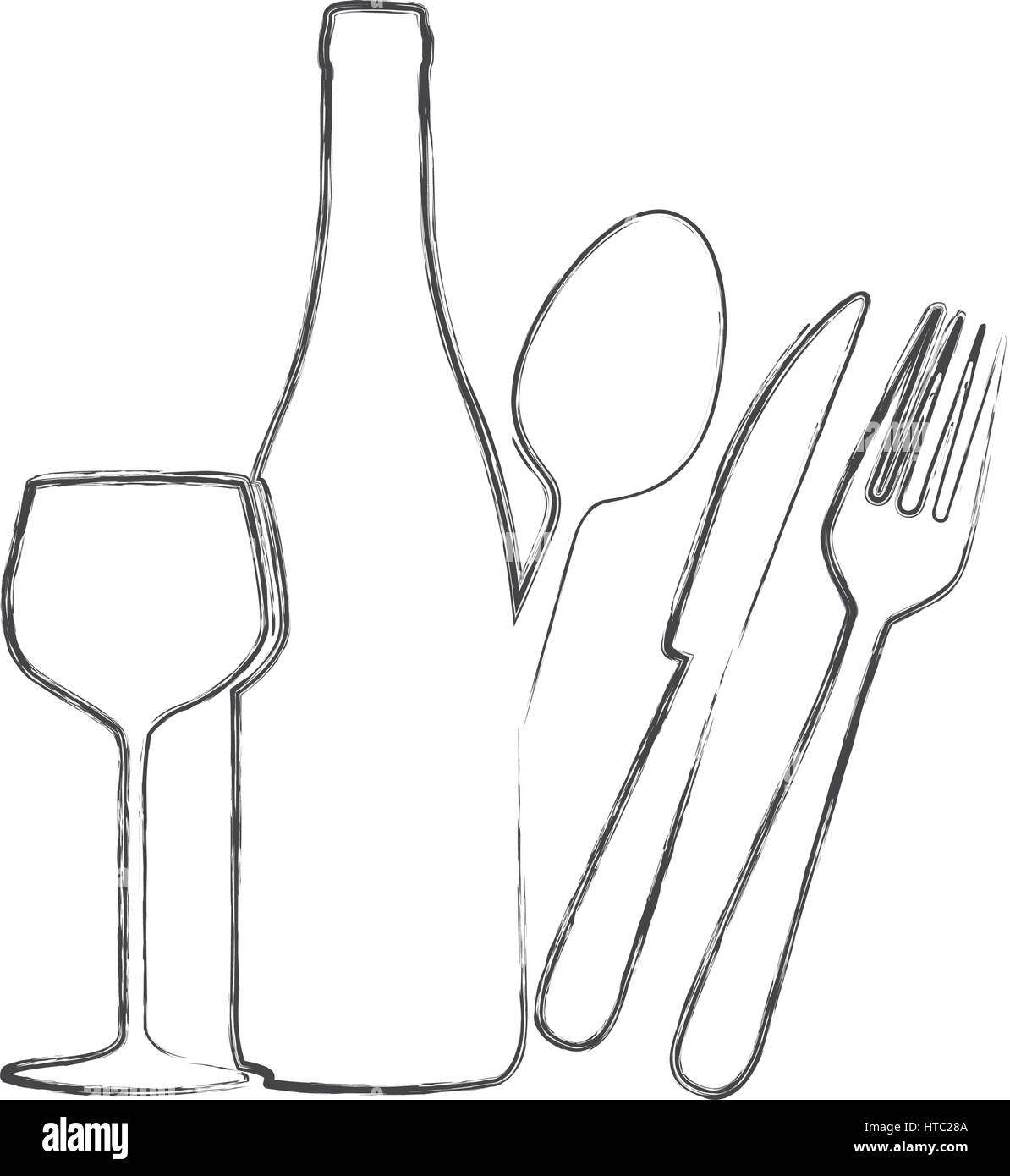 Sketch Of Monochrome Blurred Contour Of Glass Cup With Bottle And Cutlery Stock Vector Image