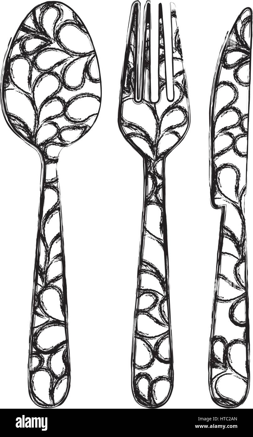 sketch of monochrome contour of kitchen cutlery with decorative leaves ...