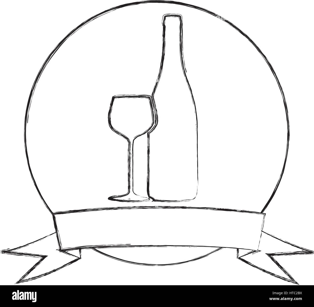 Monochrome Sketch Of Circular Frame With Ribbon And Glass Cup And Bottle Stock Vector Image