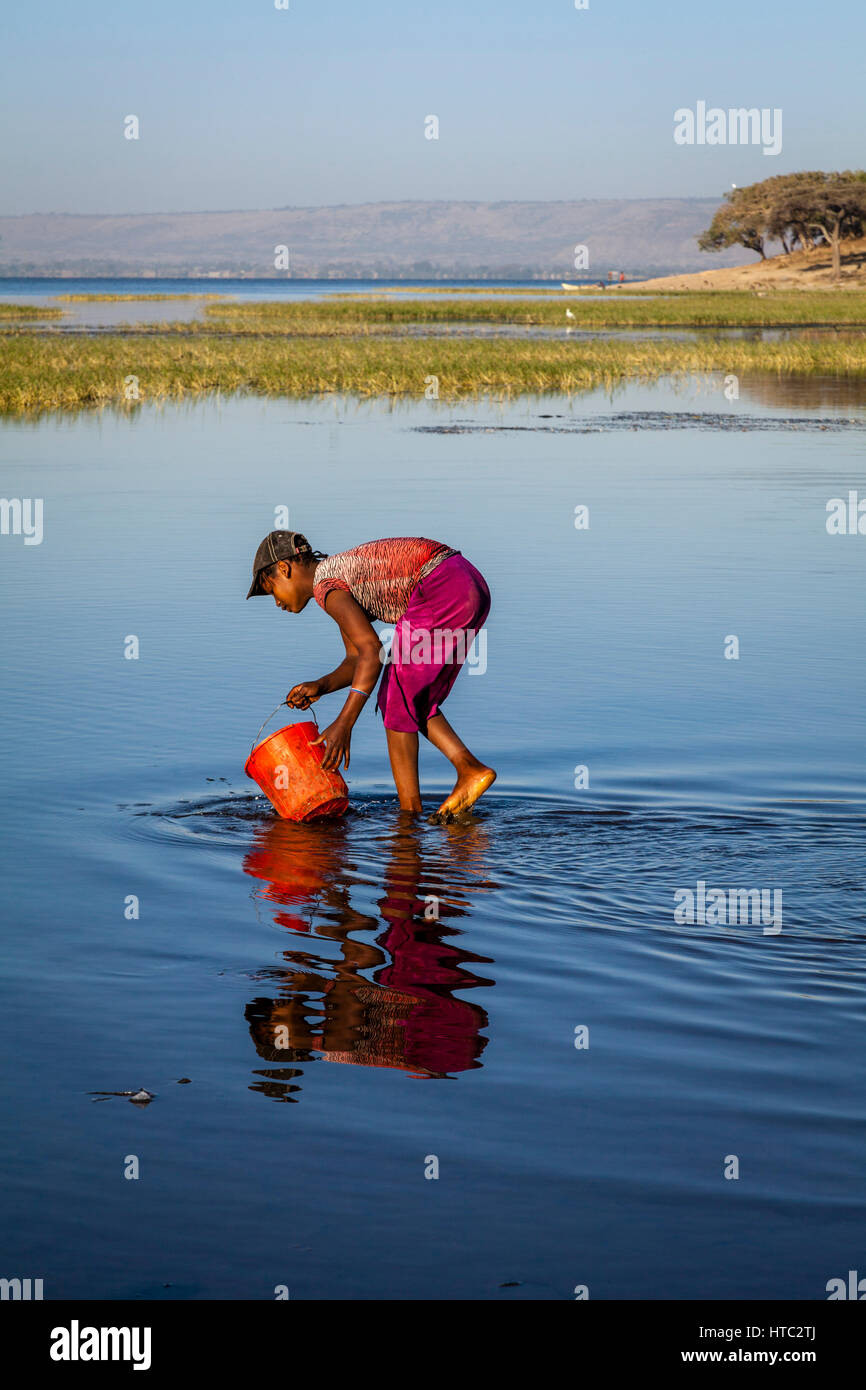 A Teenage Girl Collects Water From The Lake In A Bucket, Lake Awassa ...