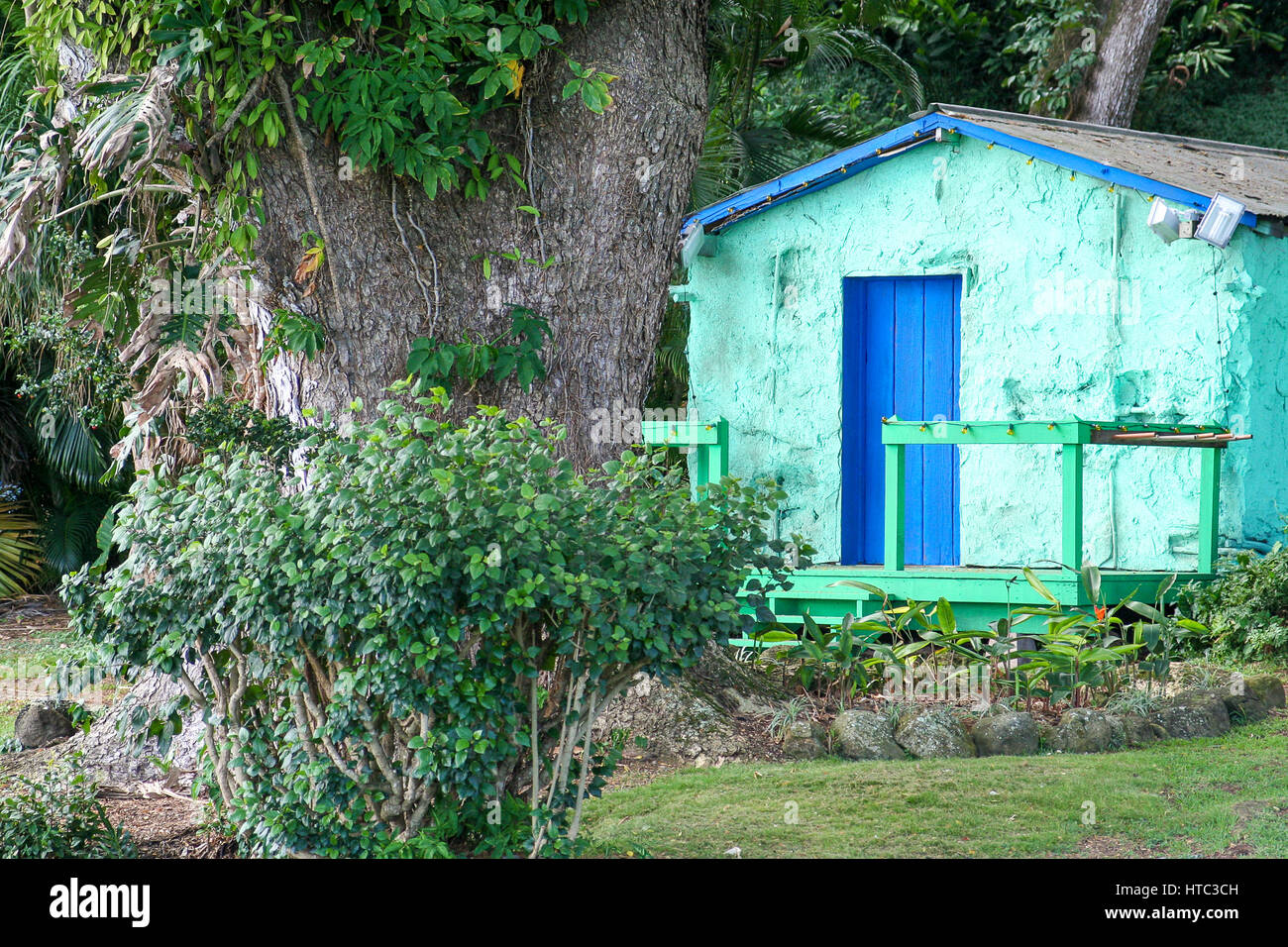 Bright Turquoise building with blue door on Oahu, Hawaii Stock Photo ...