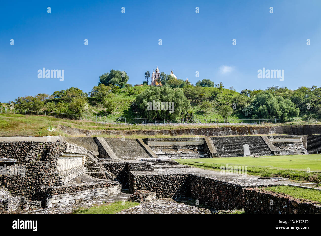 Ruins of Cholula pyramid with Church of Our Lady of Remedies at the top ...