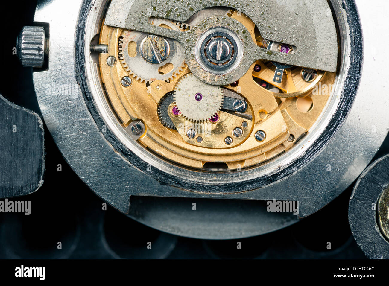 closeup the movement of old swiss made automatic watch Stock Photo - Alamy