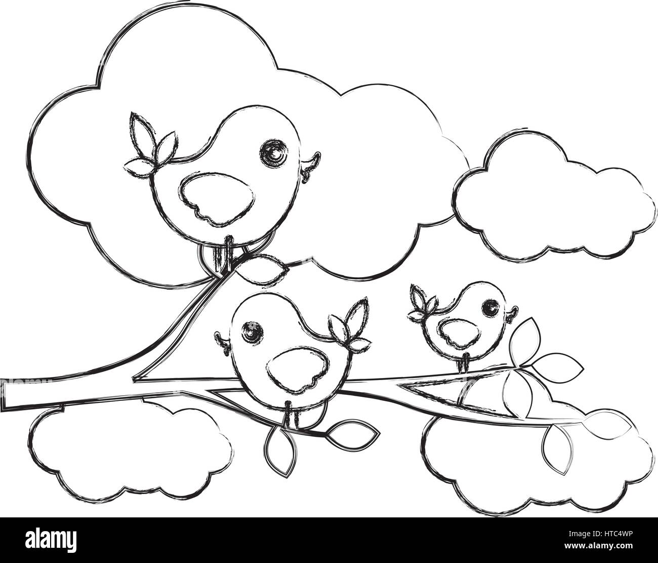 figure birds in the branches trees and cloud icon Stock Vector Image ...