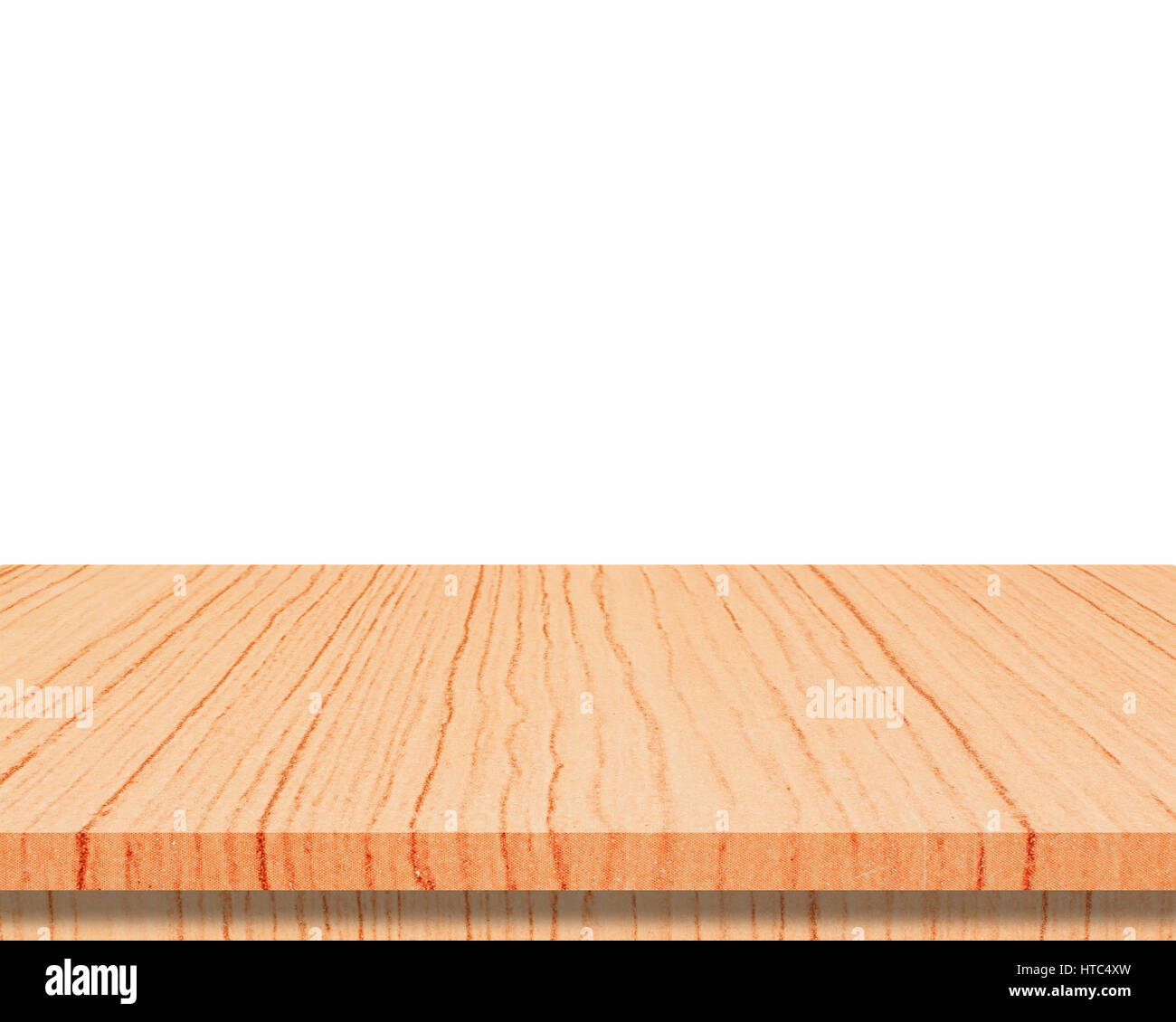 Empty wooden table top isolated on white background for display montage ...