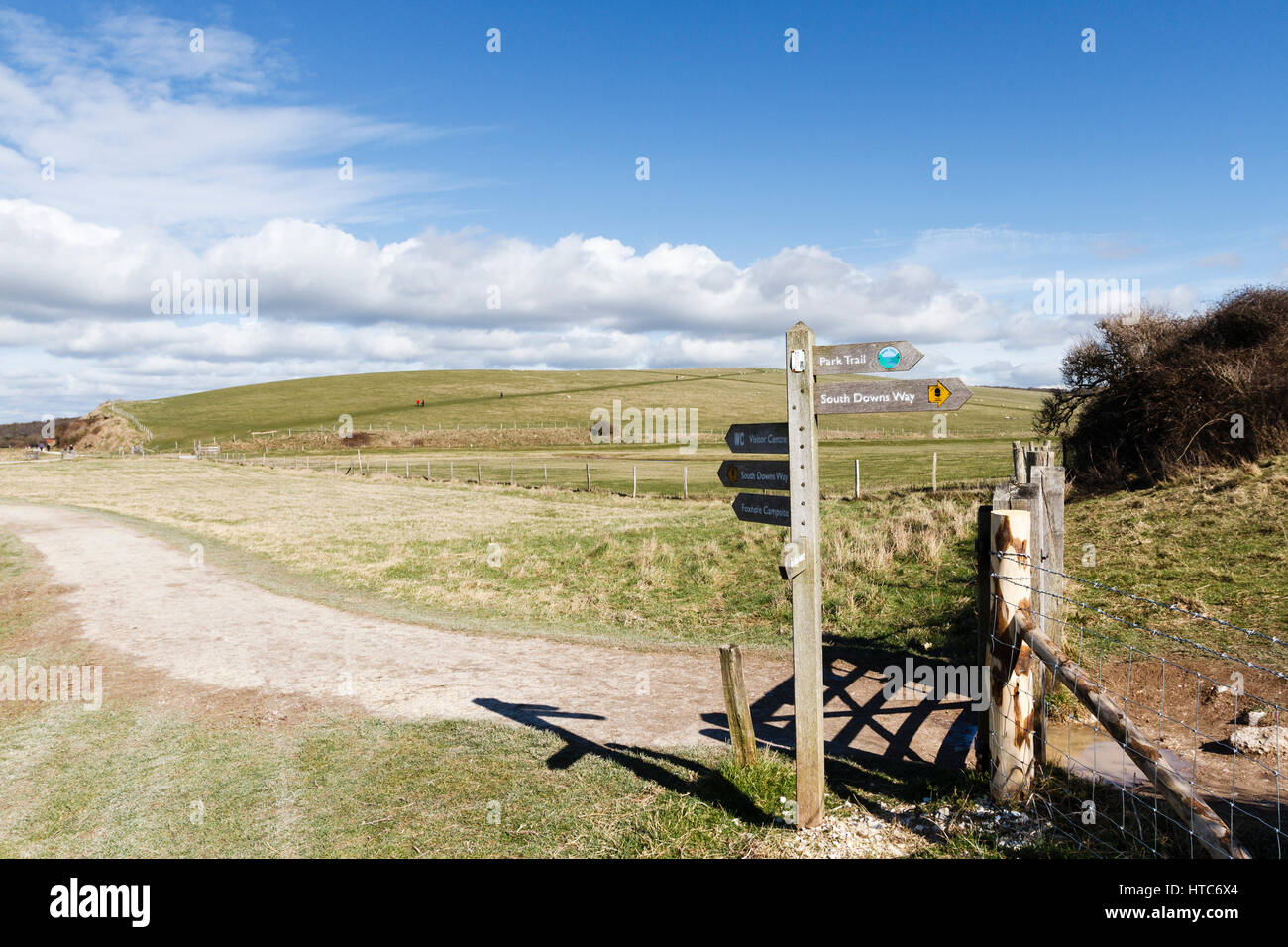 Signpost for the South Downs Way, a popular walking route, East Sussex ...