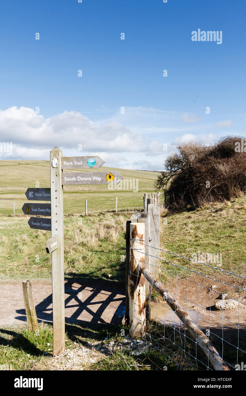 Signpost for the South Downs Way, a popular walking route, East Sussex ...