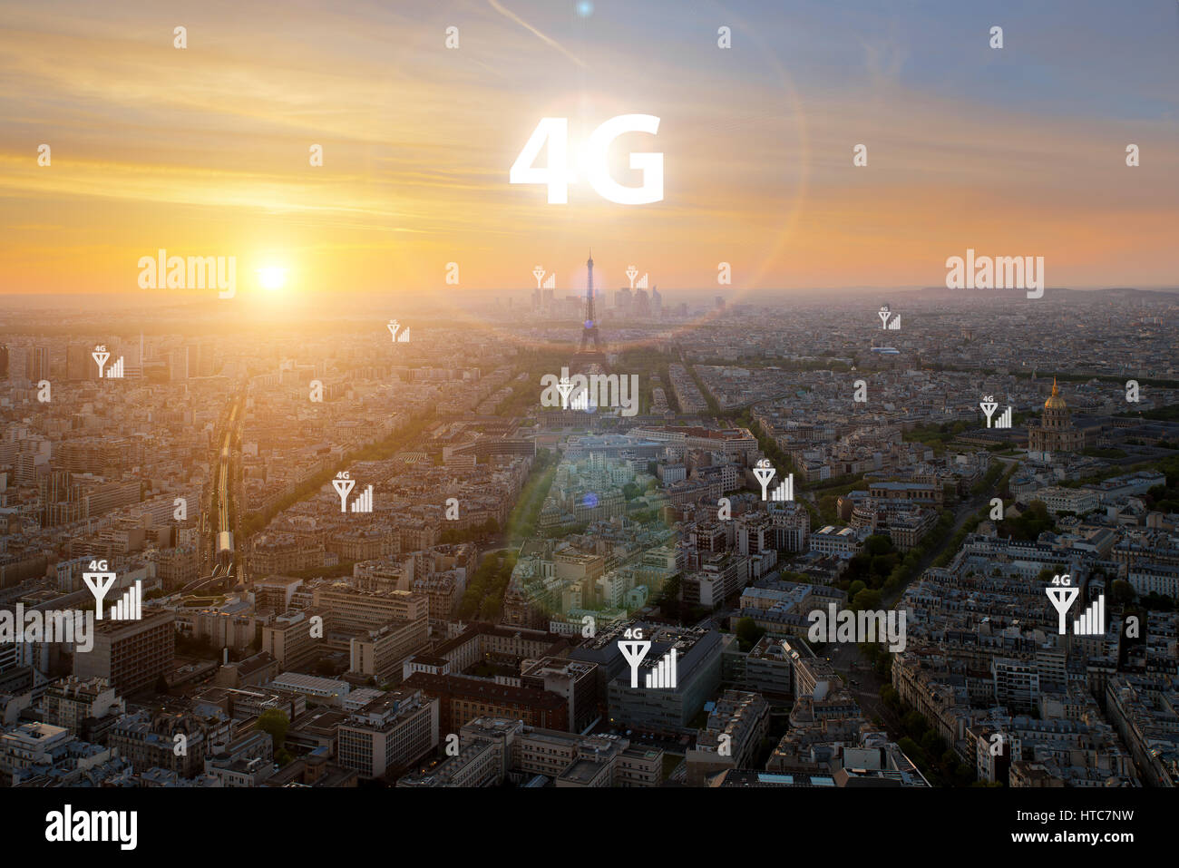 Smart city and 4G signal communication network, business district with ...