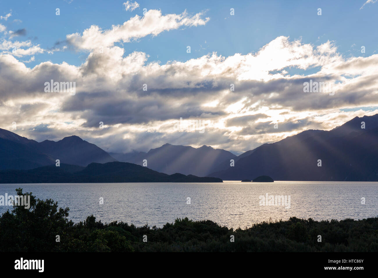 Te Anau, Southland, New Zealand. View across Lake Te Anau to the ...