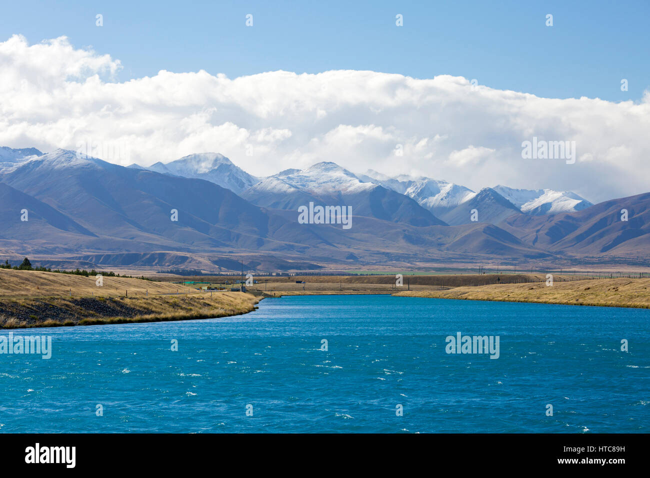 Twizel, Canterbury, New Zealand. View along the Pukaki Canal to the ...