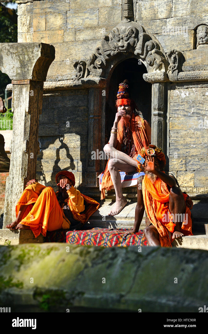 PASHUPATINATH, NEPAL - OCTOBER 8: Holy Sadhu men with dreadlocks and ...